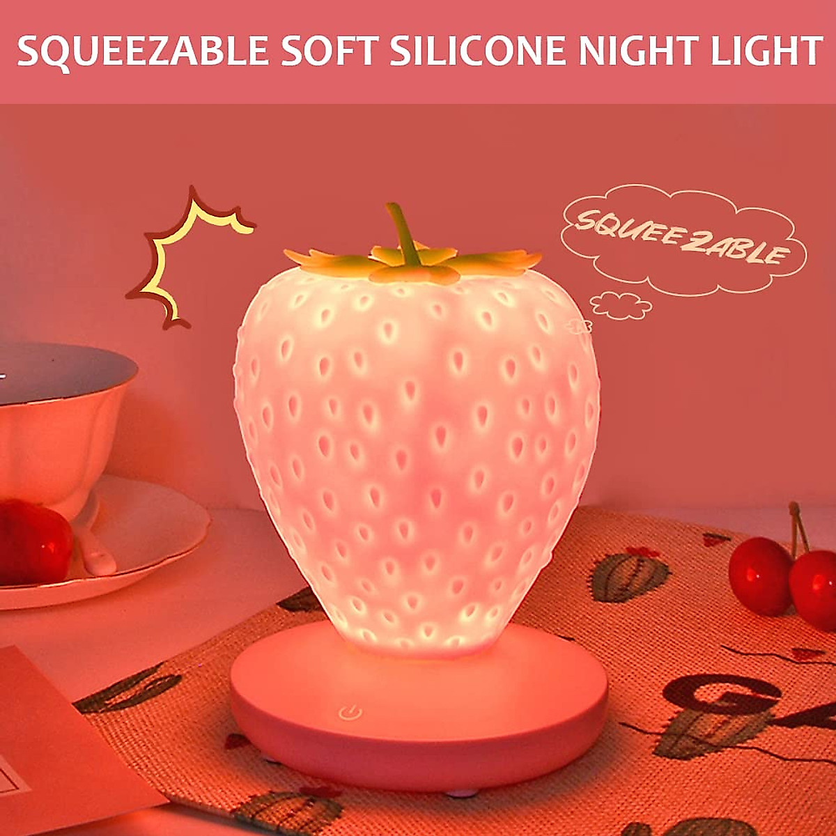 LVOERTUIG Strawberry Night Light, Cute Silicone Strawberry Lamp, LED Cute Night Light, Bedside Color Changing Lamp, 3 Modes Touch for Birthday, Christmas