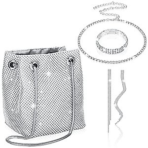 4 Pcs Rhinestone Purse Jewelry Set for Women Silver Wedding Bucket Bag Evening Purse Crossbody Shoulder Bucket Bags Crystal Choker Necklace and Earring Jewelry Set for Prom Party Wedding