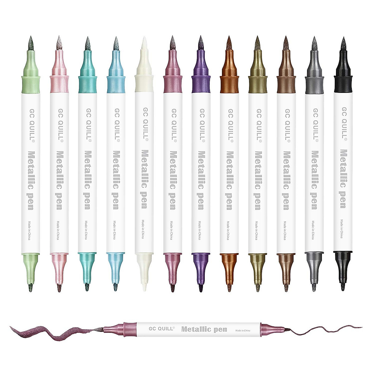 GC QUILL 12 Colors Metallic Marker Pens - Dual Tip Brush and Fine Point Pens for DIY Album, Black Cards, Scrapbooking, Craft Supplies, on Ceramic, Stone, Glass, Fabric GC-MP12