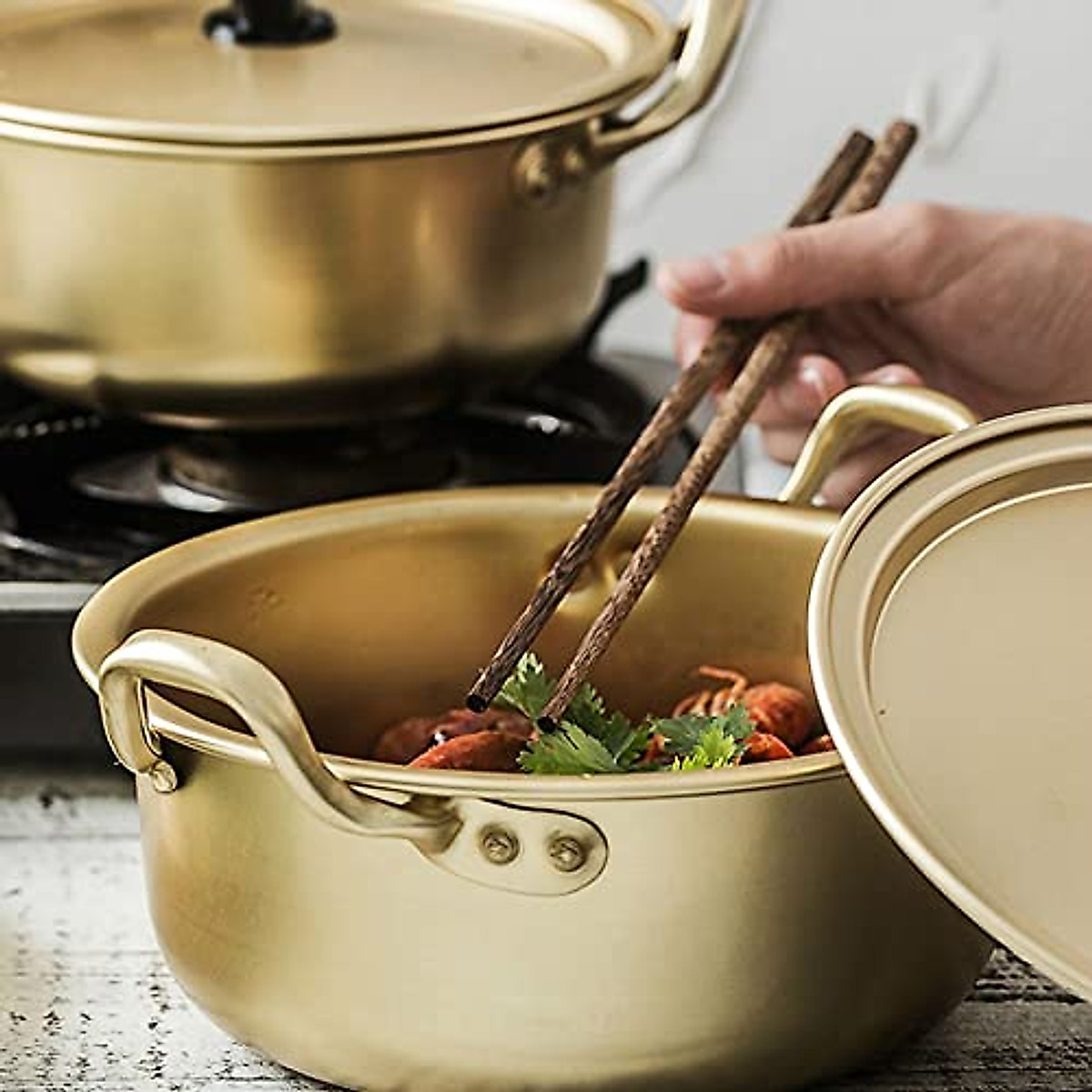 Vctitil Korea Noodle Pot Aluminum Noodle Pot,Nonstick Double Handle Korean Yellow Aluminum Noodles Pot,Cookware for Kitchen,Great for Soup,Pasta(16CM)