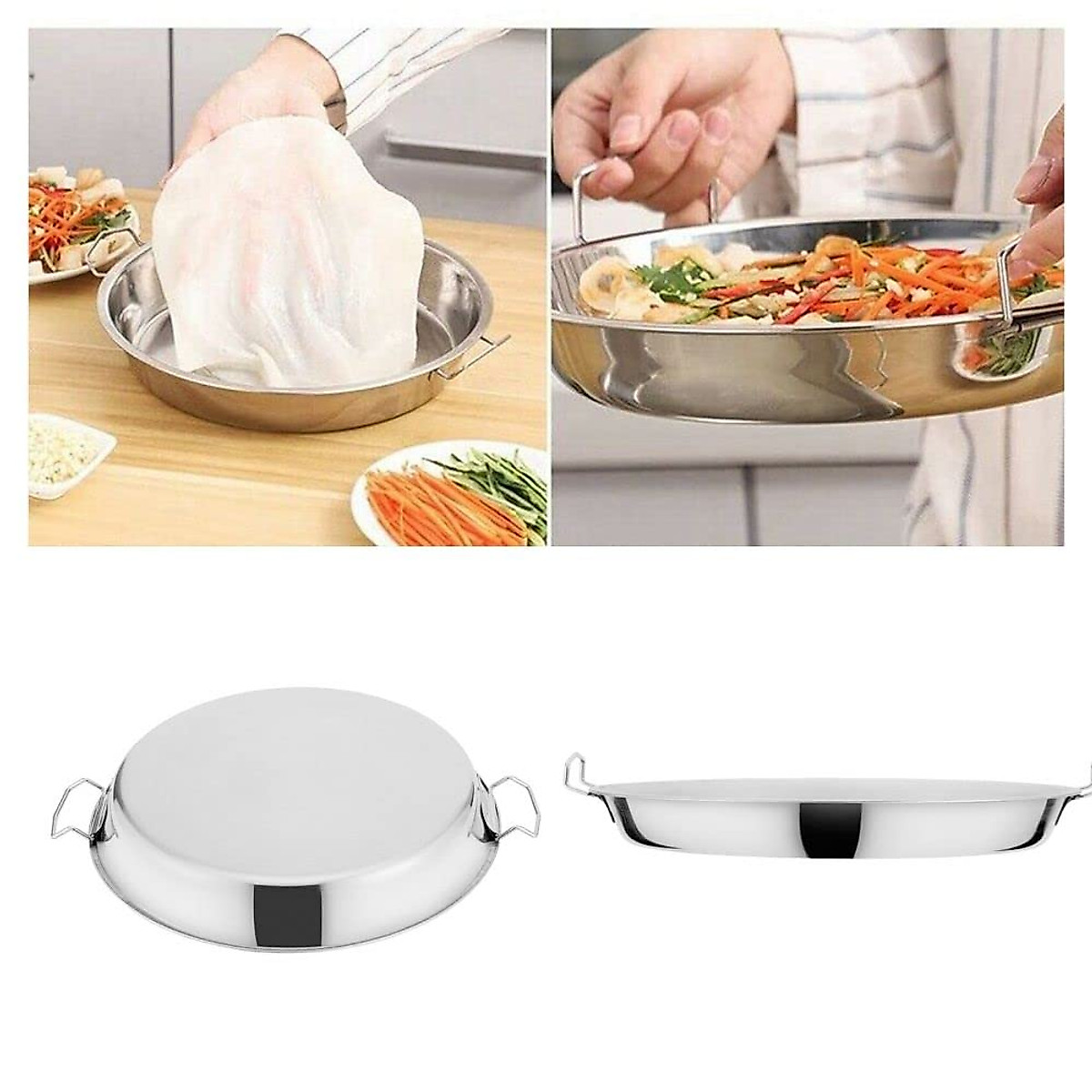 Steamed Rice Tray Cold Noodle Making Plate Stainless Steel Pan Restaurant Tray Cake Dish Kitchen Serving Tray With Double Handle Tableware(28cm)