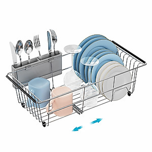 iPEGTOP Expandable Over Sink Dish Drying Rack, Multifunctional Adjustable (14"-18.5") Dish Drainer Organizer Shelf Rustproof Stainless with Grey Utensil Holder for Kitchen Counter