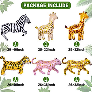 6 Pieces Giant Jungle Safari Animals Balloons,Large Zebra Giraffe Leopard Cheetah Tiger Foil Balloons For Wild One Safari Zoo Jungle Theme Party Baby Shower Birthday Party Decoration