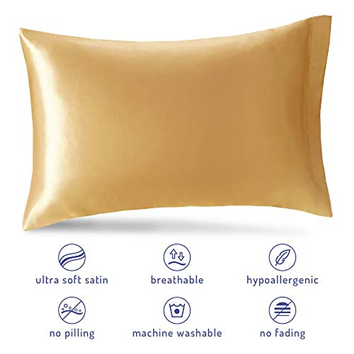 Gold Satin Pillow Cases Queen Set of 2 | Luxury Silk Pillowcase for Hair and Skin | 20 x 30 Inch–Slip Silky Comfort with Envelope Closure