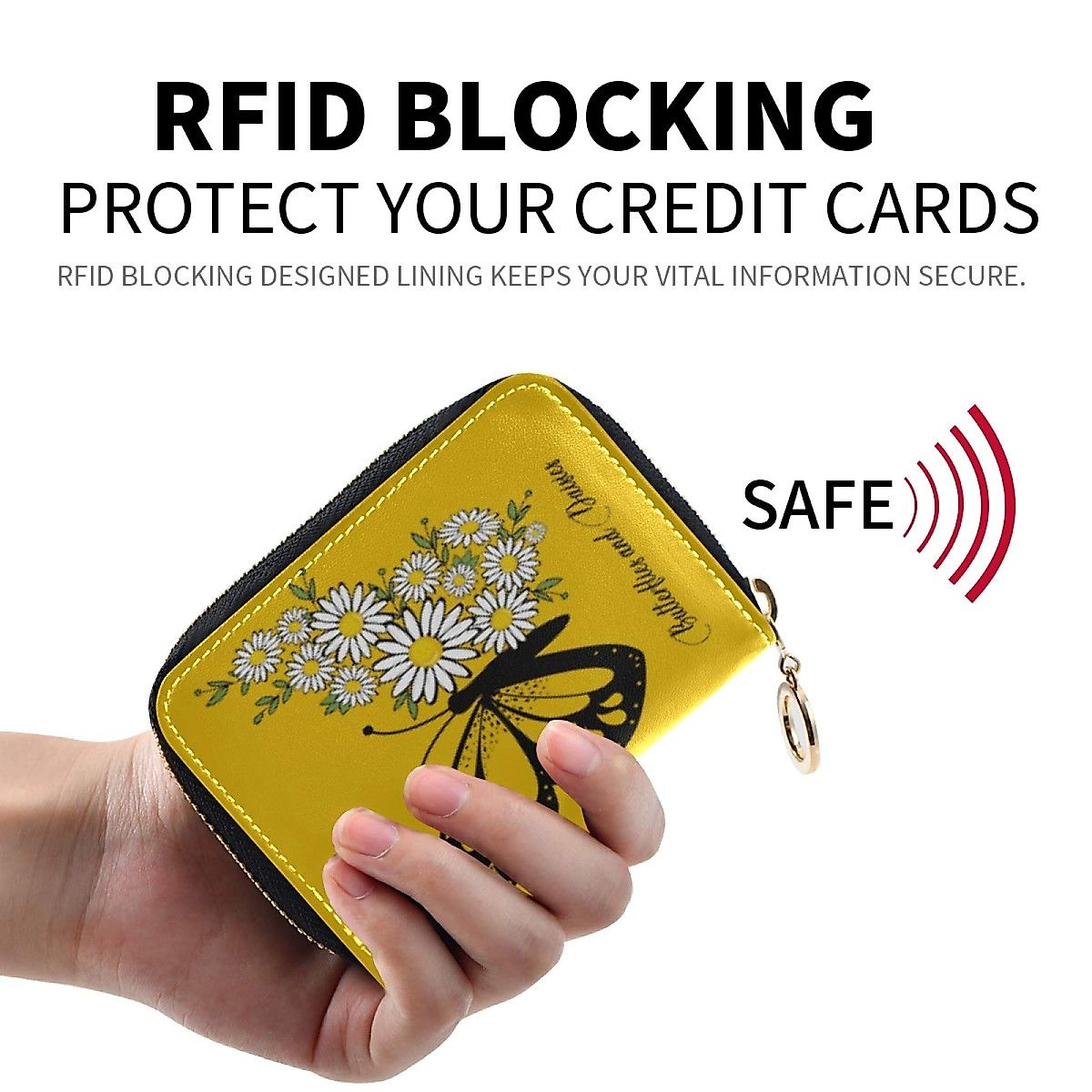 MOYYO RFID Credit Card Holder Case Beautiful Butterfly Daisy Flowers Leather Printed Zipper Card Case Wallet for Women Girls