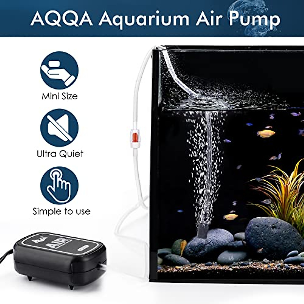 AQQA Aquarium Air Pump Ultra Quiet Fish Tank Air Pump with Air Tube Air Bubbler Stone Check Valve Accessories for Up to 110 Gallon Tank