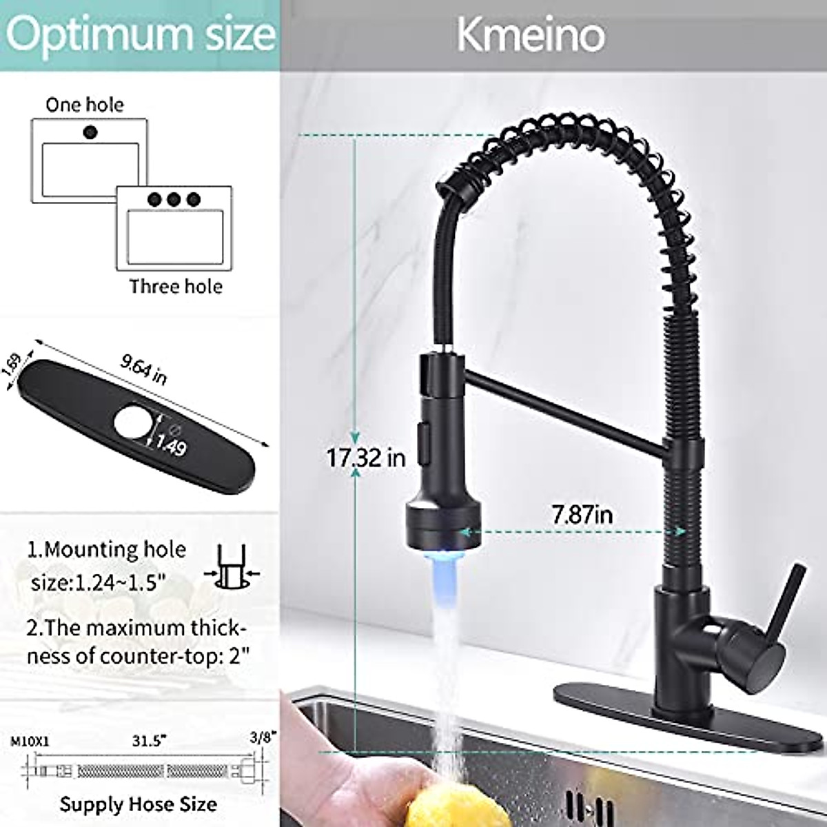 Kemino Matte Black LED Kitchen Faucet with Pull Down Sprayer, Lead-Free Solid Brass Spring Kitchen Sink Faucet with LED Light Commercial with Deck Plate (Matte Black)
