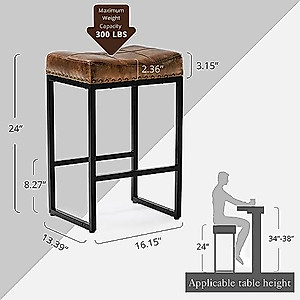 LUE BONA Counter Height Bar Stools 24" Square Saddle Barstools Set of 4, Modern Backless Faux Leather Counter Stool with Black Metal Legs for Kitchen Island Counter, Home Bar, Bistro, Yellowish Brown