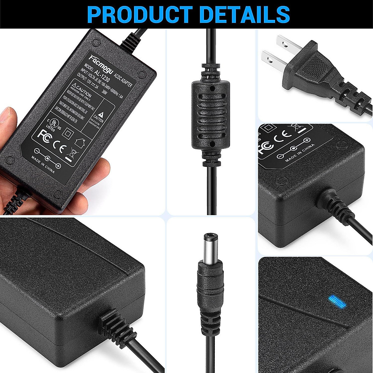 Facmogu DC 12V 3A Power Adapter, 100-240V AC to DC 12V 3A 36W Power Suppy with Barrel Connector 5.5x2.5mm & 5.5x2.1mm, 12 Volt 3 Amp Desktop Adpater 12V 3A Switching Transformer AC/DC Power Converter