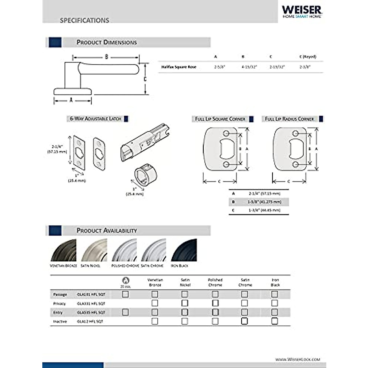 Weiser (by Kwikset) Halifax Lever, Square Rose, Privacy Function, Satin Nickel (US15)