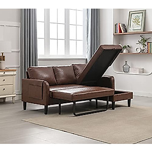 PU Leather Pull Out Sleeper Sofa Bed with Chaise, Comfy L Shaped Convertible Sleeper Couch with Storage and Pocket, Sectional 3 Seat Couch for Living Room Furniture or Office, Smooth Back - Brown