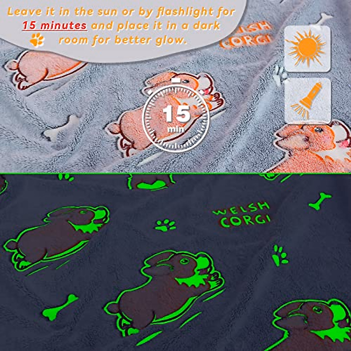 Cute Corgi Blanket Corgi Gifts for Corgi Lovers Glow in The Dark Blanket Flannel Plush Kids Blanket Corgi Stuff Decor Home Soft Flannel Blanket for Couch Sofa Christmas Birthday Gifts