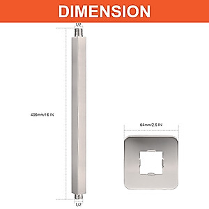 HarJue Ceiling Mounted Shower Arm, Rain Shower Head Square Extension Arm with Flange and Teflon Tape Stainless Steel Ceiling Mount Shower Extender for Fixed Shower Head (16 Inch, Brushed Nickel)