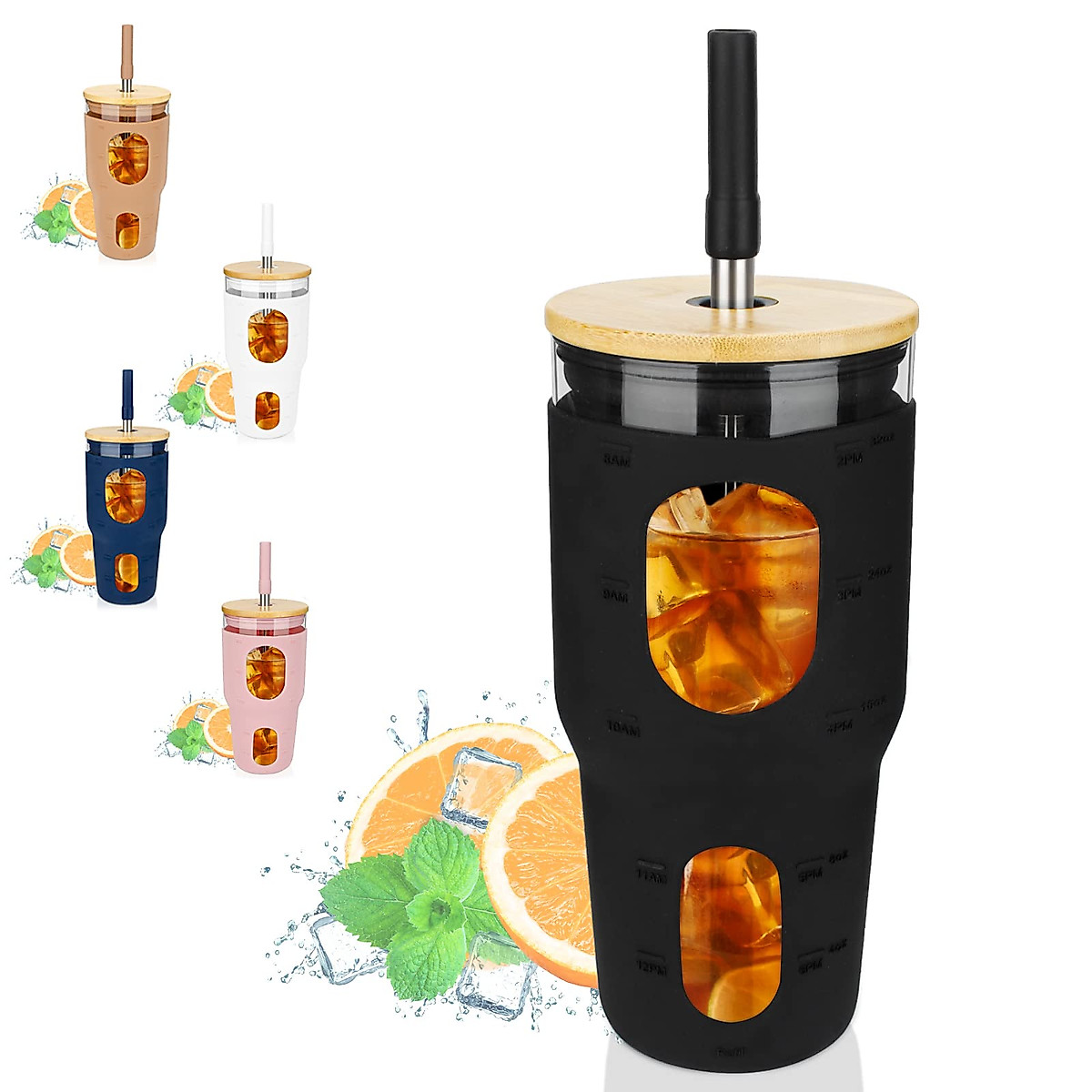 Tronco 32 Oz Tumbler with Straw and Lid, Reusable Drinking Glass Cup with Time Marker, Silicone Sleeve, Fits Cup Holder and Without BPA for Boba Smoothie, Tea, Iced Coffee (Black)