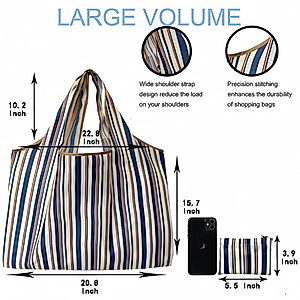 BeyGior Reusable Grocery Bags 3 Pack,Reusable Shopping Bags for Groceries,Large Grocery Bags,Reusable Bags Heavy Duty Up to 50LBS,Grocery Tote Bags with Attached Pouch (multistripe)