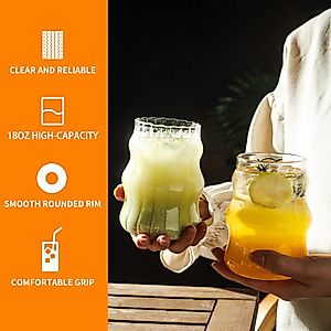 4 Pcs Ribbed Glass Cups With Straws With Lids Set, Water Glasses Set, 18Oz Vintage Drinking Glassware With Wave Shape Design, Bubble Cups for Iced Coffee, Beverage, Milk, Cocktails (18 OZ -A)