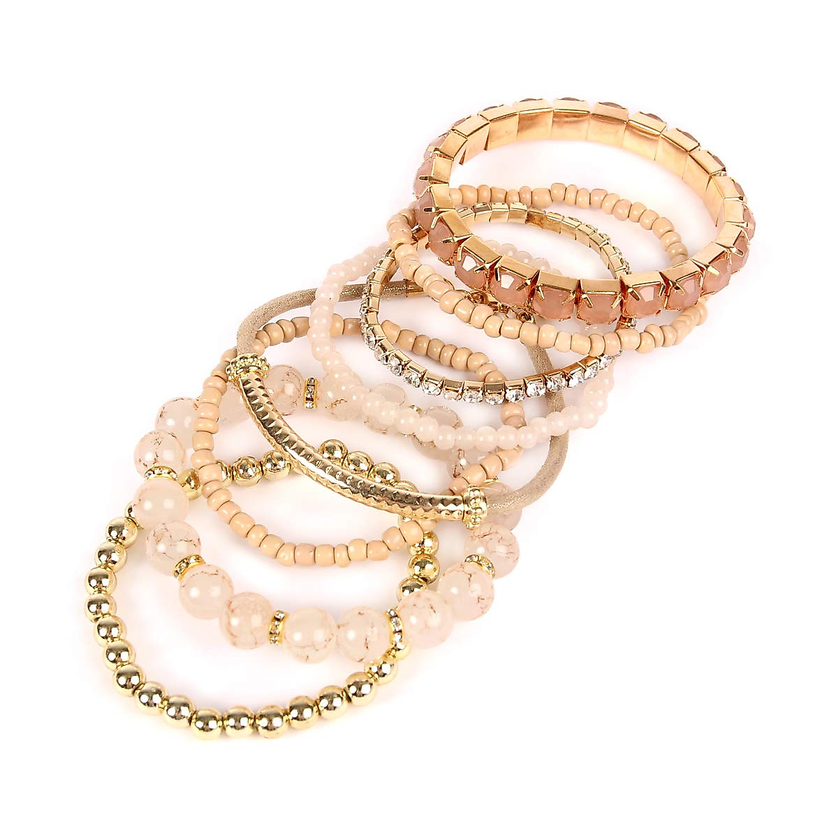 RIAH FASHION Multi Color Stretch Beaded Stackable Bracelets - Layering Bead Strand Statement Wrap Bangles (Original - Light Brown, 7.0 Inches)