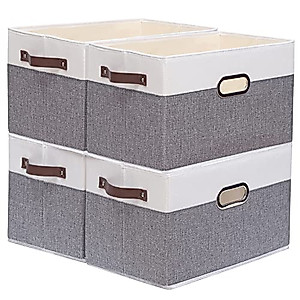 Yawinhe Collapsible Storage Bins, 16.9 x 11.8 x 10.2 Inch, Cube Storage Bins, Fabric Foldable Storage Bins Organizer Containers with Dual Leather Handles for Home Closet Office (White/Grey, 4-Pack)