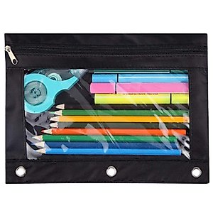 ACRSIKR Pencil Pouch for 3 Ring Binder, Zipper Pencil Case Bag Three Hole with Clear Window Black 1 Pack