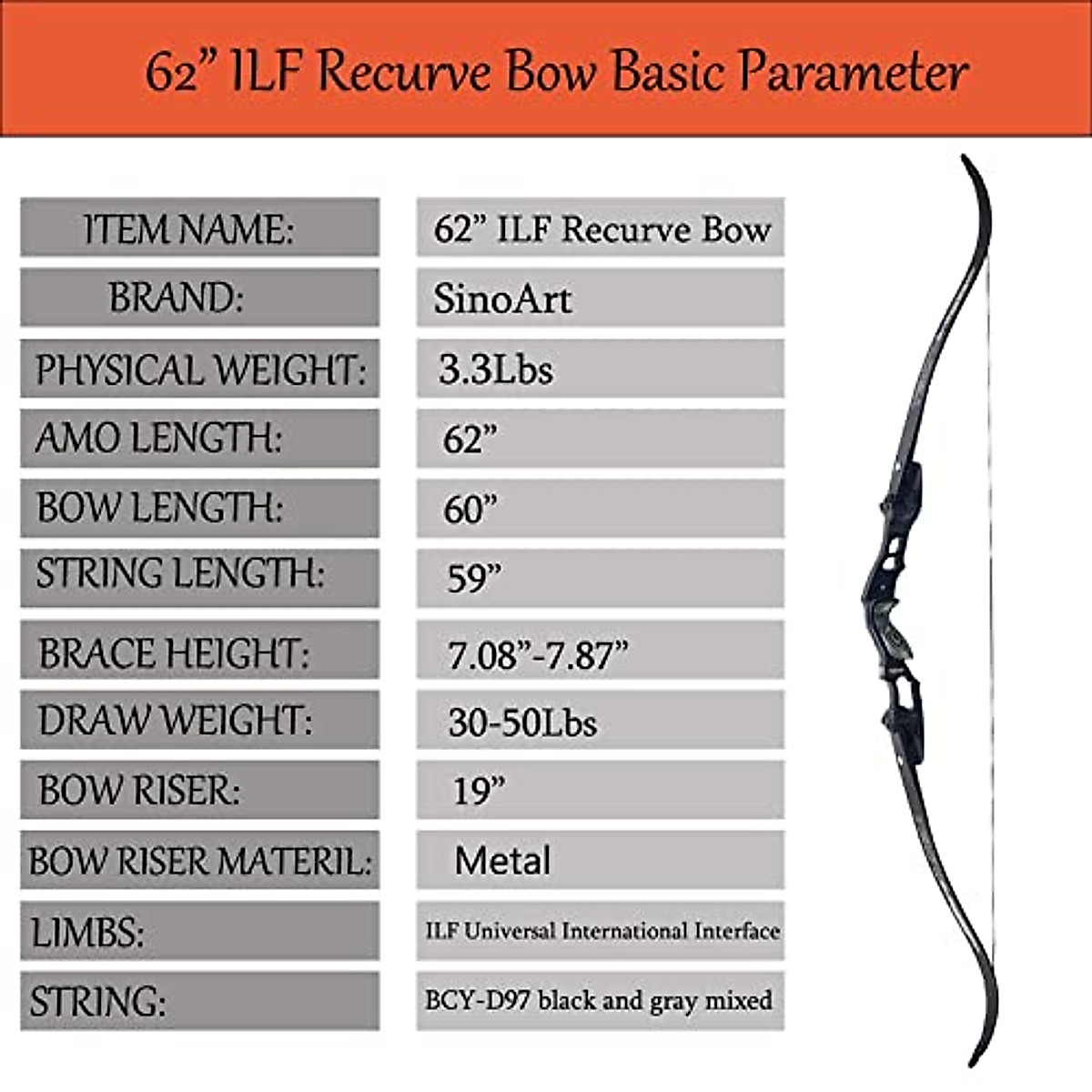 TBOW 62” ILF Recurve Bow with Gordon Limbs 30-60Lbs for Adult Archery Competition Athletic Right Hand (50Lbs)