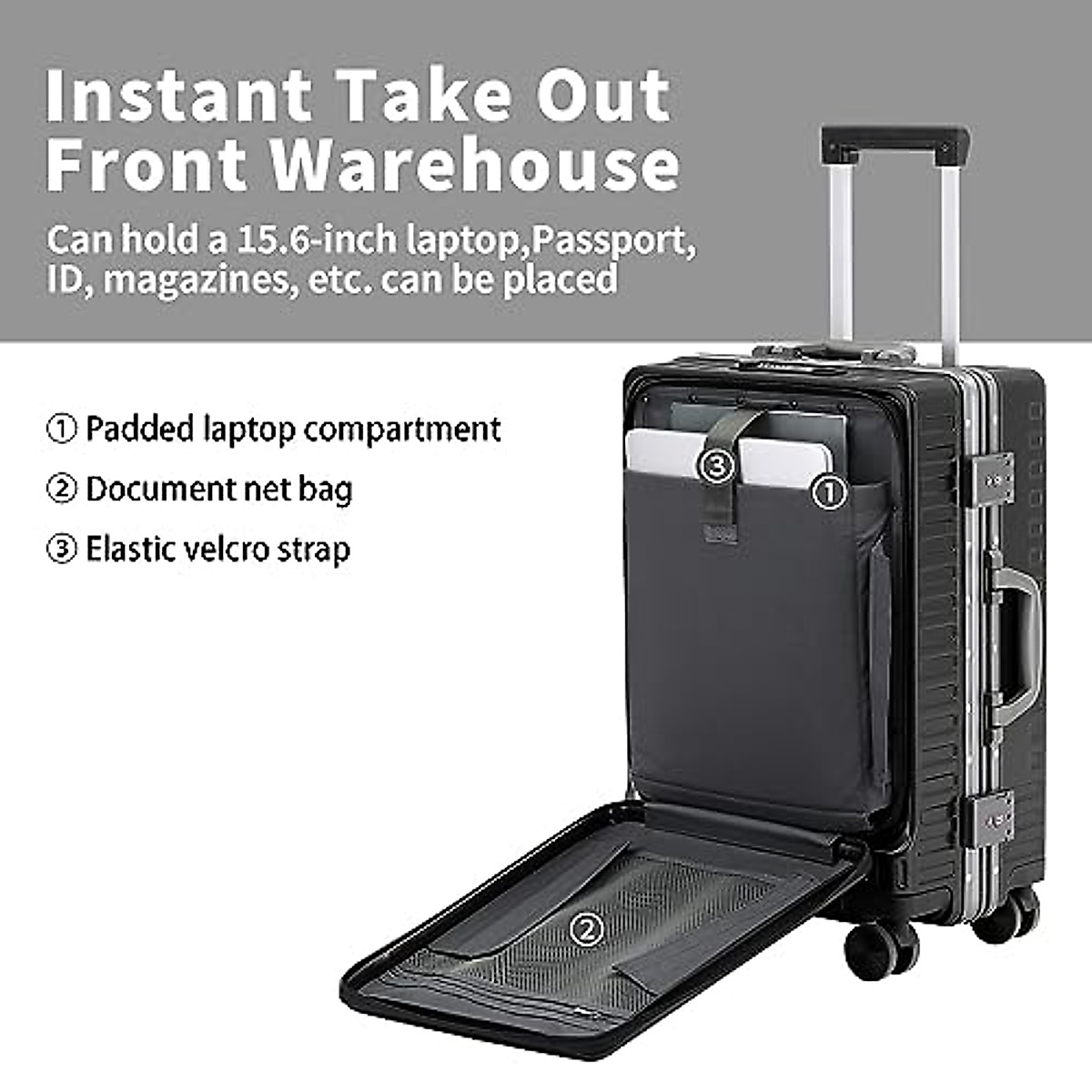 CAARANY Airline Approved Carry On Luggage With Front Pocket,20 Inch Aluminum Frame Luggage With Usb Charging Port,Pc Hard Case Travel Suitcase With Spinner Wheels And Tsa Lock（Black）