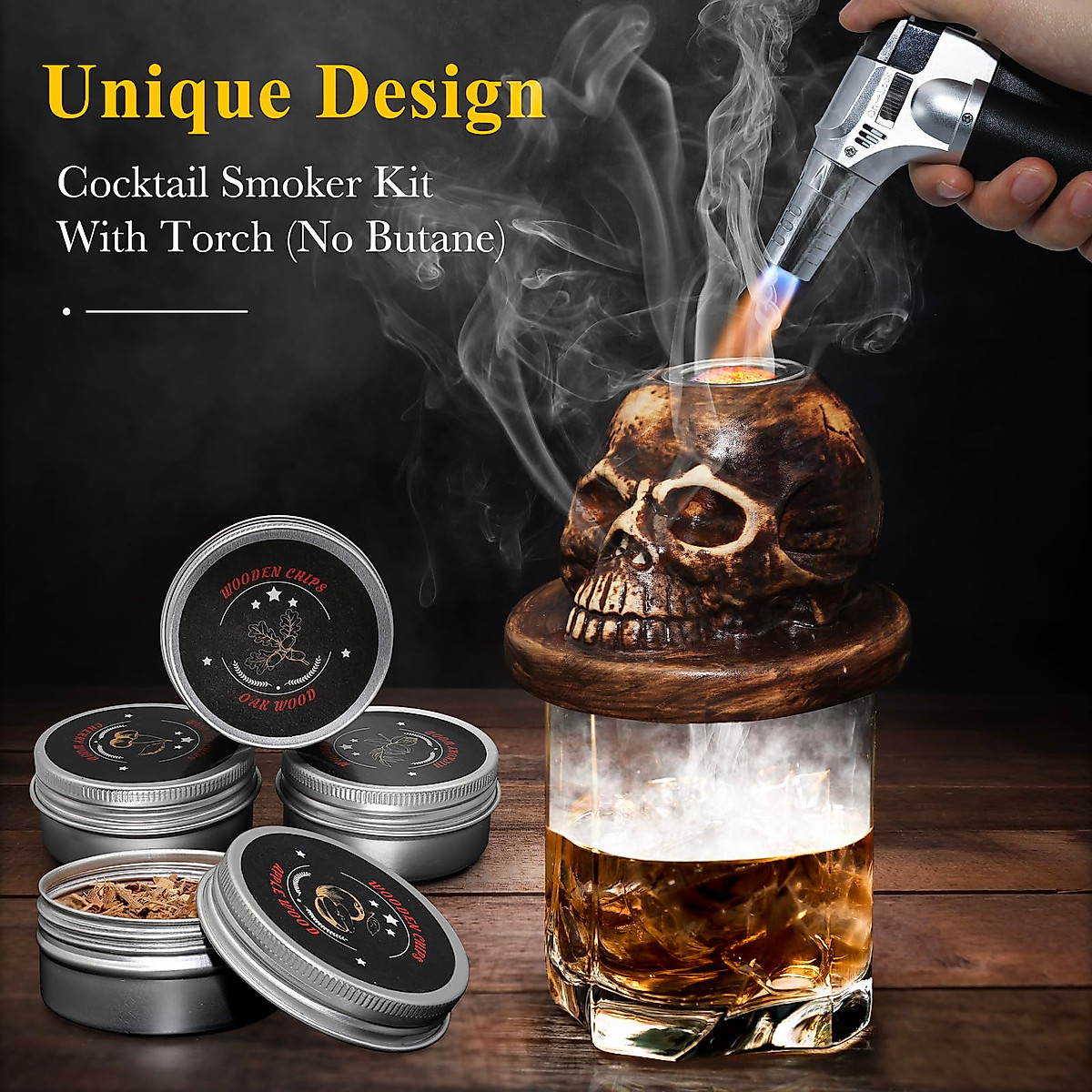 Cocktail Smoker Kit with Torch & 4 Flavors Wood Smoker Chips, iTayga Ceramics Whiskey Smoker Kit for Cocktails, Whiskey, Drinks, Bourbon - Unique Gifts for Men/Father/Husband/Friends(No Butane)