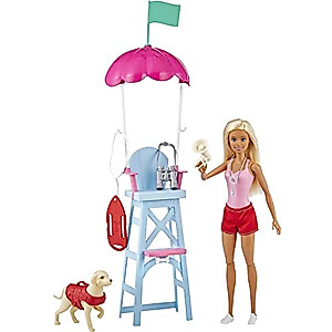 Barbie Careers Doll & Playset, Lifeguard Theme with Blonde Fashion Doll, 1 Dog Figure, Furniture & Accessories