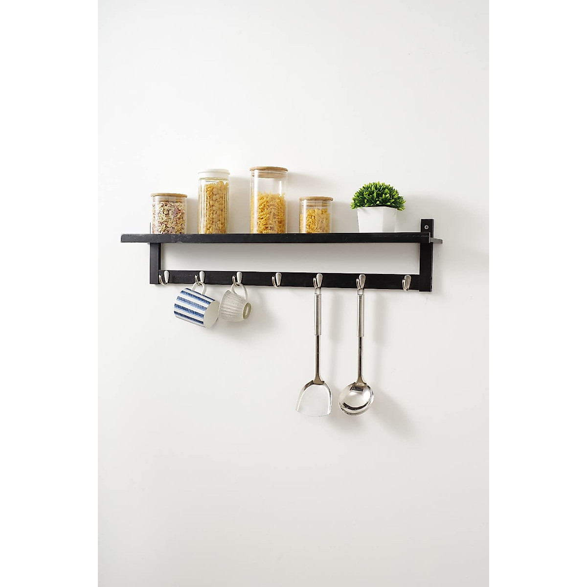 YourWoodStore Wall Mounted Coat Rack with Shelf, Floating Shelf, Black, Wooden, 7 Alloy Hooks, 35 Inch, Supports Conventional Stud Spacing(32Inch), Entryway Organizer, Key Holder