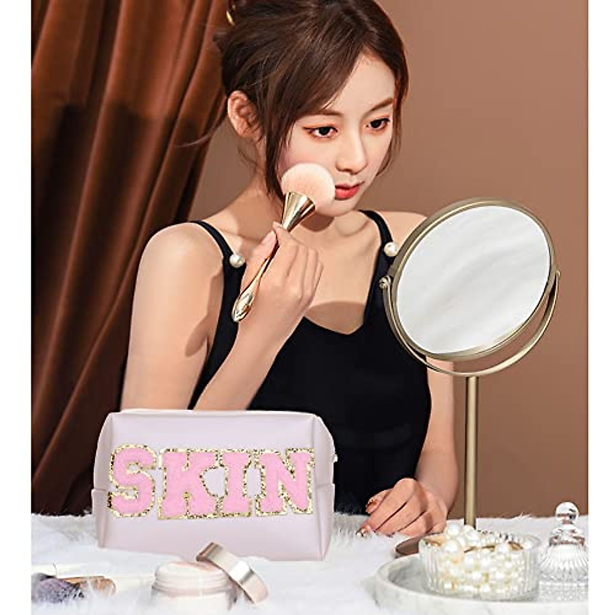 CRUOXIBB Preppy Patch Cosmetic Toiletry Bag for Women SKIN Letters PU Leather Portable Makeup Bag Zipper Pouch Storage Purse Waterproof Organizer for Travel (Shell Gold)