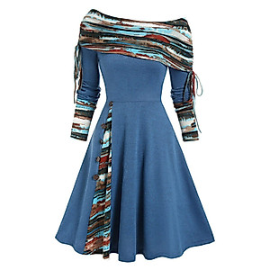 UQRZAU Winter Dresses for Women 2024, Dresses Convertible Neck Cinched Striped Flare A Line Dress Long Sleeve Wedding Guest Dress Sequin Party Dress Renaissance 2024 Dress Bodycon (L, Blue)