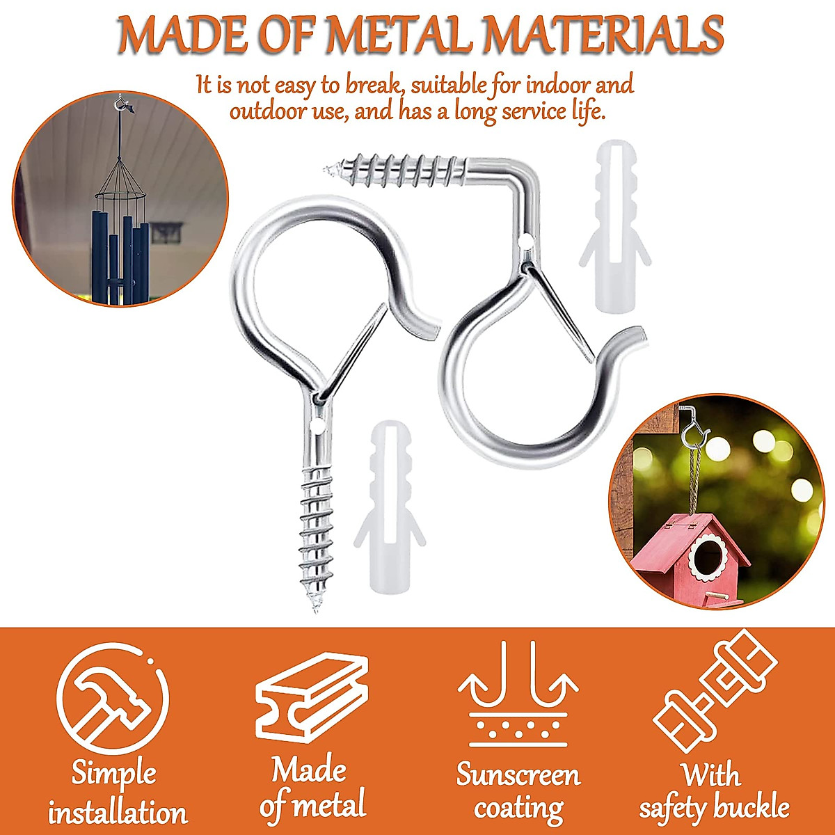 Fegdyi Christmas Lights Hooks Pack of 20 Q-Hanger Screw Hooks Wall Cabinet Ceiling Hooks with Safety Buckle Design for Outdoor String Lights Light House Garage New Year Party (Silver)