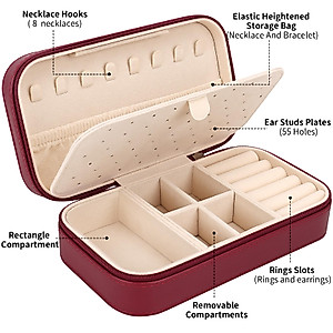 DesignSter Travel Jewelry Box, PU Leather Portable Jewelry Case, Small Jewelry Boxes for Gifts, Travel Jewelry Organizer for Women Rings Earrings Necklaces Bracelets (Wine Red)