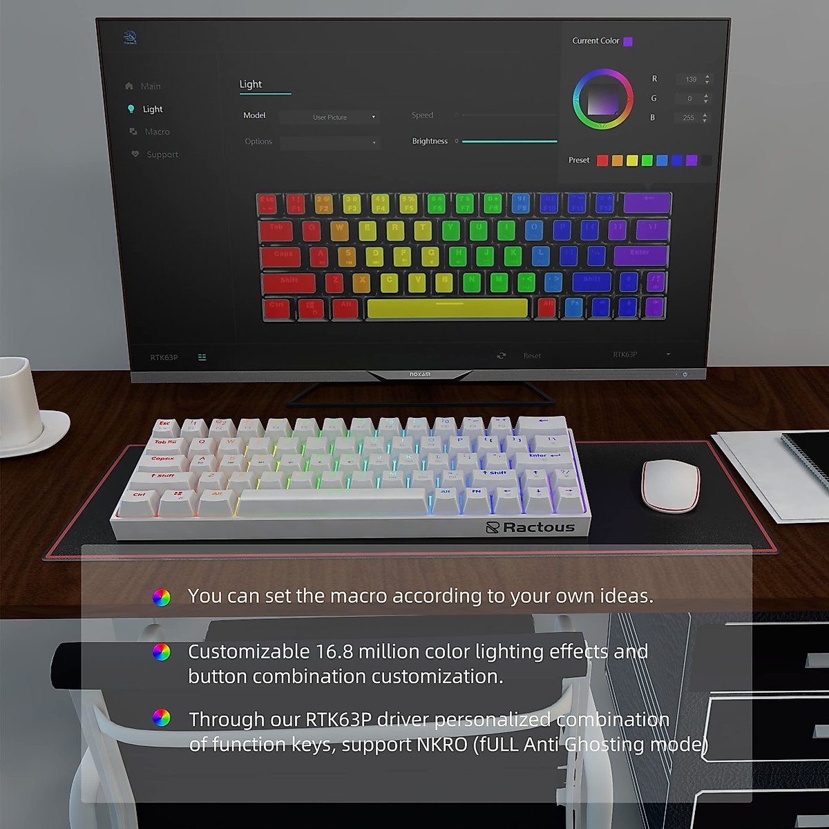 Ractous RTK63P 60% Mechanical Gaming Keyboard RGB Backlit PBT keycaps 63key Ultra-Compact Wired Keyboard Programmable for PC/Mac Gamers,Hot-Swappable Optical Red Switch (White)