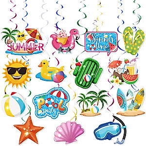 Whaline 70Pcs Summer Pool Beach Hanging Swirls Pool Party Foil Ceiling Hanging Decoration Flamingo Flip Flops Sun Volleyball Starfish Seashell Hanging Swirls for Summer Time Hawaii Party Supplies