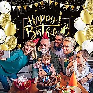 Rubfac Black and Gold Birthday Decorations Happy Birthday Backdrop with 70pcs Black and Gold Balloon Garland Kit Photo Backdrop Background for Birthday Party Decoration Supplies