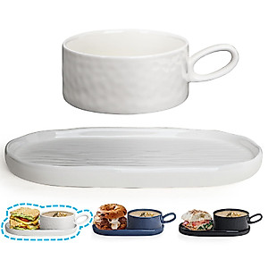 Wareland Soup Bowl with Handle & Salad Plate, Soup and Sandwich Plate Combo, 18oz Soup Mug/Cup for Cereal, Ceramic Pasta Plate for Appetizer, Dessert, Rice, Dishwasher & Microwave Safe, Cream White