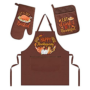 Thanksgiving Apron Mitt and Pot Holder Thanksgiving Kitchen Gift Set Happy Thanksgiving Fall Turkey Cooking Chef Adjustable Baking Apron Funny Housewarming Friendsgiving Wedding Gifts for Women