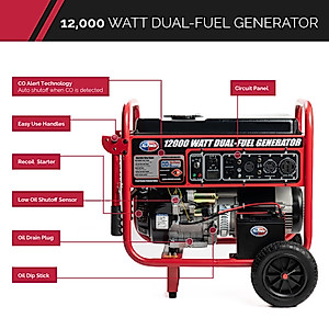 All Power APGG12000-12,000-Watt Dual Fuel Generator Gasoline Propane JD Engine Electric Start Portable Wheel Kit