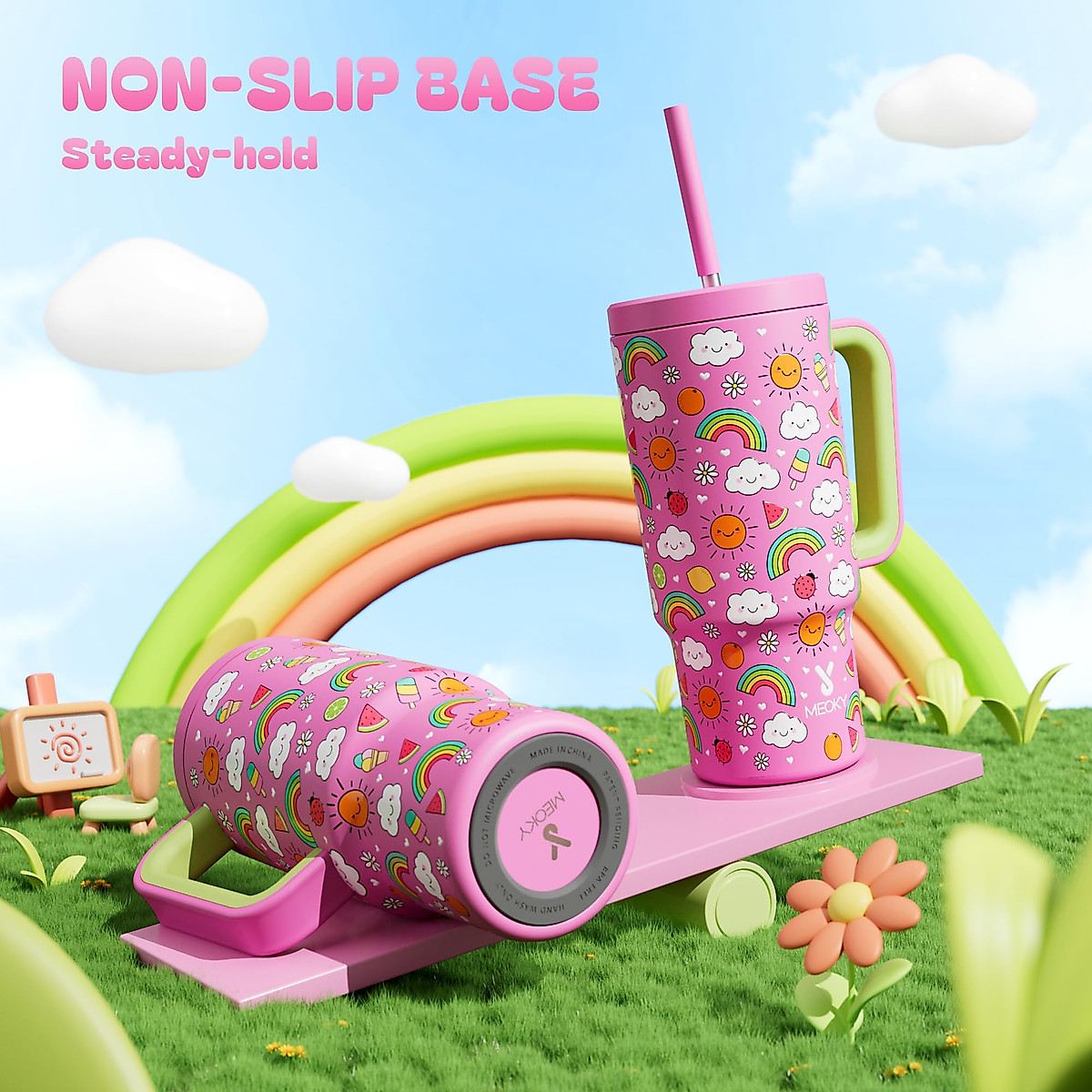 Meoky 24 oz Tumbler with Handle and Straw, 100% Leak-proof Tumbler with Lid and Straw, Insulated Stainless Steel Travel Coffee Mug, Keeps Cold for 24 Hours (Cloud)