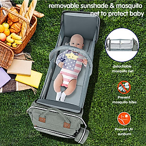 DERJUNSTAR Baby Diaper Bag Backpack with ChangingStation-Large Capacity Baby Bag for Boys & Girls, USBCharging Port, Pacifier Case, sunshade & Toy Bar,Waterproof， Ash Grey