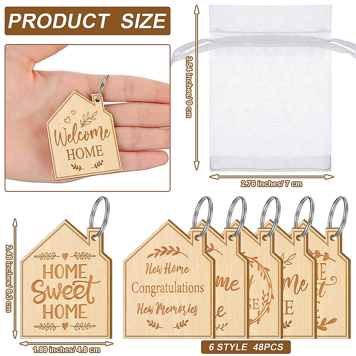 Yinkin 48 Pcs New Home Keychain Bulk Welcome Home Wood House Keychain Cute Home Keychain New Home Key Ring Decoration with Organza Bags for Real Estate Gifts Family Client Home Buyer Customer