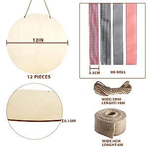 12pcs Wood Circles for Crafts 12inch Unfinished Blank Round Wooden Slices Easter Ornaments Home Decorations DIY Cutouts Welcome Door Decors Signs Red Black Plaid Burlap Ribbon Rustic Jute Rope Strings
