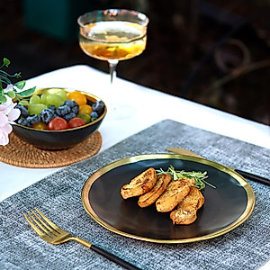 Pokini Black Luxury Plates and Bowls Sets, 12 Piece Porcelain Dinnerware Sets Service for 4, Modern Dinner Plates Set, Gold Rim Dish Set for Wedding Anniversary Birthday, No Microwave Safe