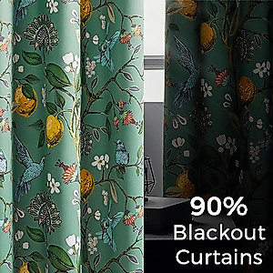Topfinel Sage Green Tall Curtains 96 Inches Long Cute Bedroom Heat Block Vintage Botanical Floral Hummingbird Patterned Silk Drapes Grommet Room Darkening Curtains Extra Long 96 Inch Length,2 Panels