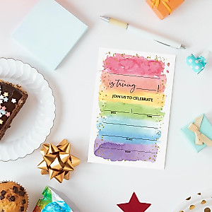 UDNADKEX Rainbow Birthday Invitations with Envelopes, Invites for Girls Birthday Party Watercolor, Colorful Birthday Party Invite Cards, 4"x6" Set of 20, Colorful Rainbow Girl's Party