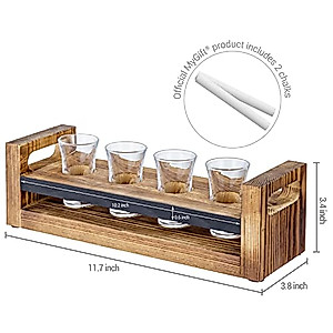 MyGift Flight Serving Caddy Set, Rustic Burnt Solid Wood Tasting Holding Tray with Handles - Includes 4 Clear Shot Glasses and Chalkboard Label Panel