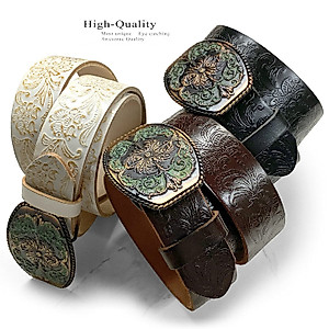 Western Fashion Style Floral Engraved Buckle Full Grain Genuine Leather Belt 1-1/2" (38mm) Wide, Multi-Style Options (Brown, 36)