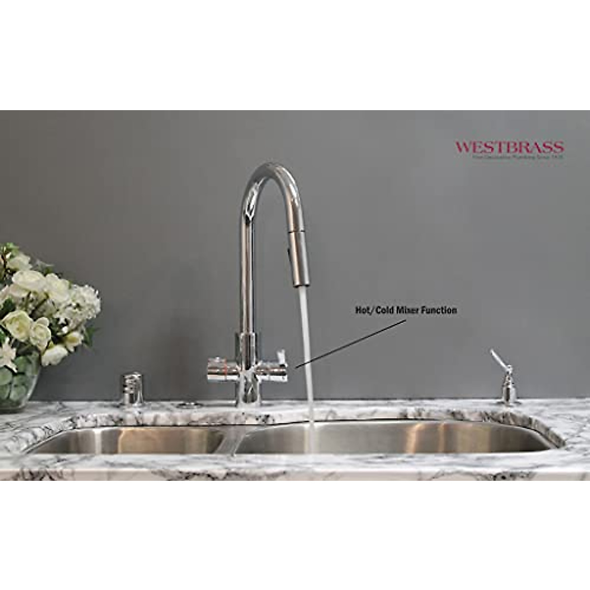 Westbrass KH41A-26 HotMaster 4 in 1 Single Handle Kitchen Faucet Only with Push Button Dual Spray Mode Pull Down Nozzle Head, Polished Chrome