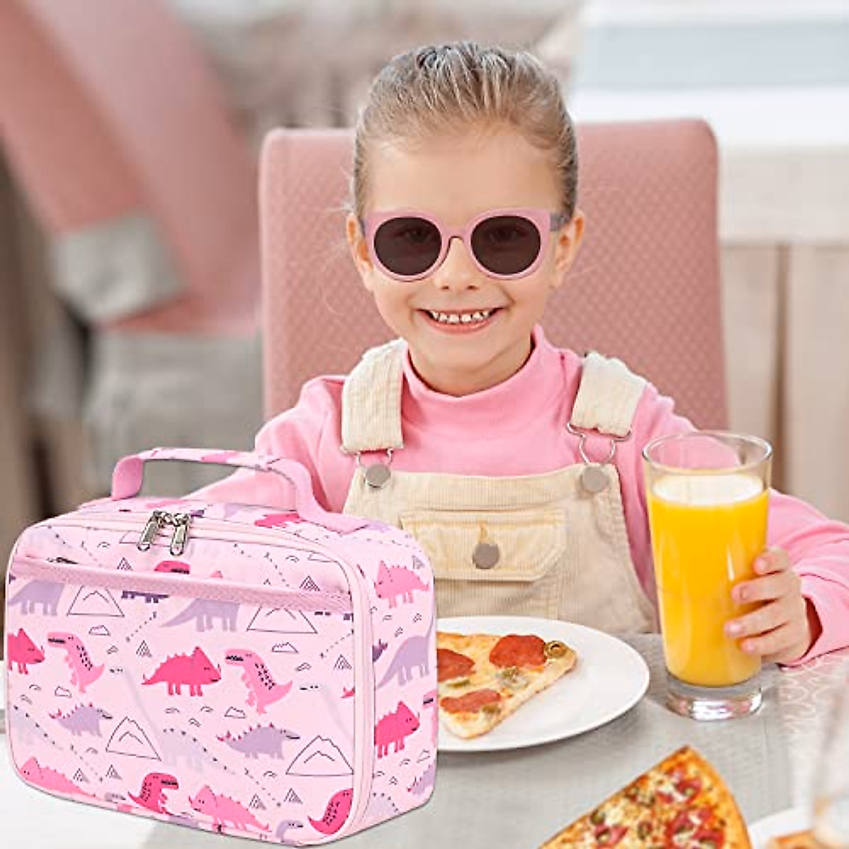 Kids Lunch Box Boys Girls Insulated Lunch Cooler Bag Reusable Lunch Tote Kit for School Travel Dinosaur Pink