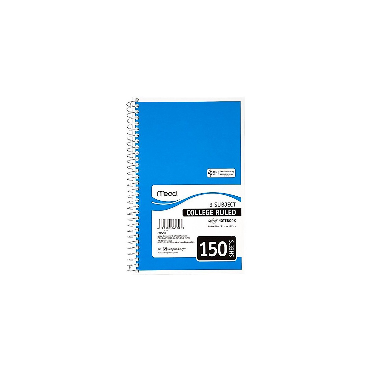 Mead Spiral Bound Notebook White, 3 Subject, College Rule, 6 x 9-1/2, Sold as 6 Pack (06900)